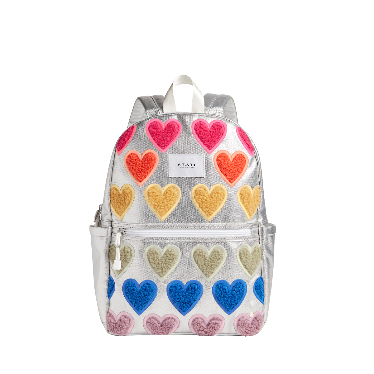 STATE Bags | Kane Kids Double Pocket Backpack Metallic Fuzzy Hearts